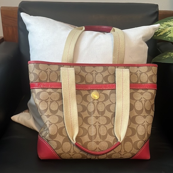 Bags | Coach Beige And Pink Canvas Leather Tote Authentic Coach ...